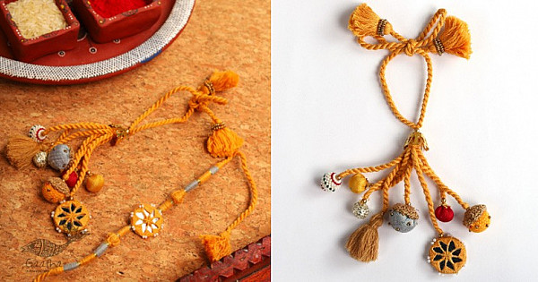 shop Handcrafted Rakhi - Yellow bhai rakhi and bhabhi lumba rakhi set ...