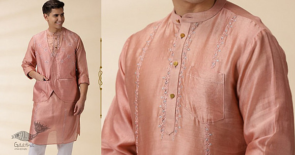 Peach Chanderi Men Sadri & Kurta Set | Indian craft store