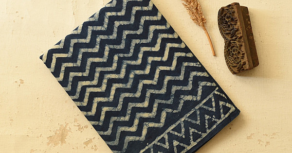 Block Printed Cotton Dabu ~ Indigo Zig zag Saree| Indian craft store