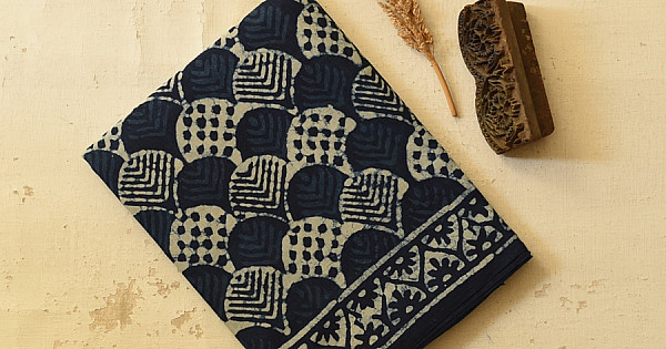 Block Printed Cotton Dabu ~ blue Saree| Indian craft store