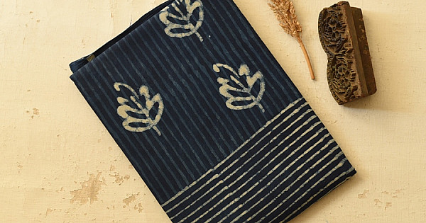 Block Printed Cotton Dabu ~ Indigo Stripe Saree| Indian craft store