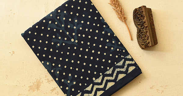 Block Printed Cotton Dabu ~ Doted Indigo Saree| Indian craft store