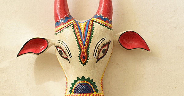 online handmade wooden mask - White Nandi| Indian craft store