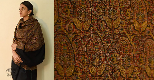 Antique Kani Embroidered Black Pashmina Shawl| Indian craft store