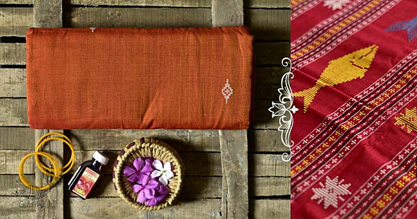 Buy Handwoven Dhalapathara Cotton orange Saree from Odisha | Gaatha