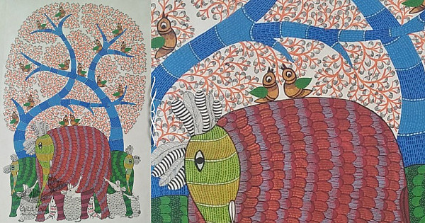 obline Canvas Gond Painting - Elephants| Indian craft store