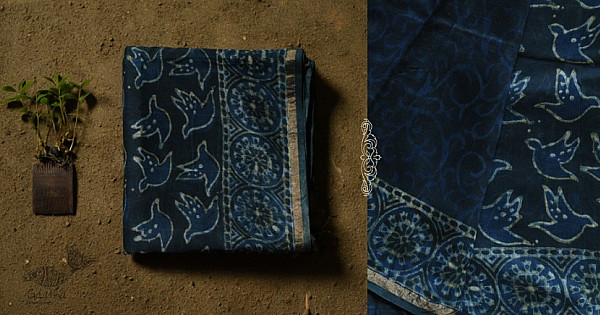 Buy Natural Color Dabu Block Print - Chanderi Indigo Saree pigeon-motif ...