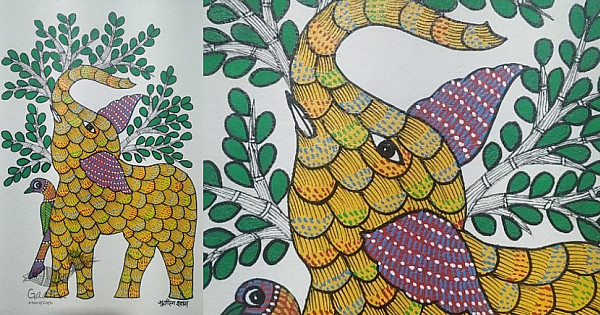 Gond Painting - Hand Painted Elephant & Parrot| Indian craft store