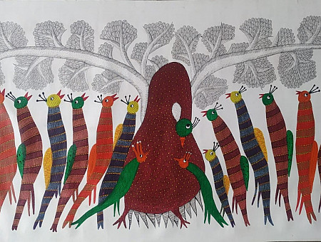 Online Gond Painting - Hand Painted Birds on Tree | Gaatha