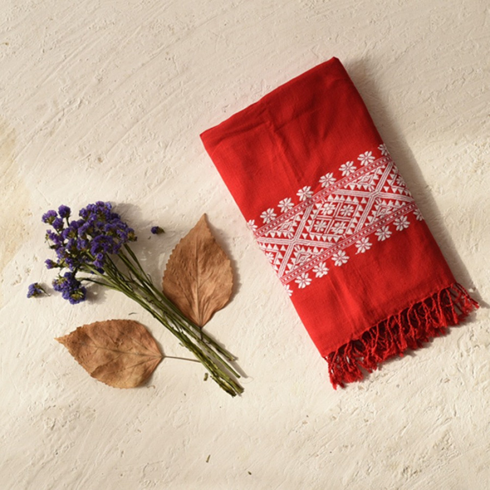 online Assam Weaving - Handloom Cotton Stole -Red| Indian craft store