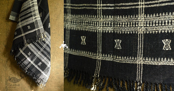Online Kutchi Bhujodi Handspun Raw Woolen Black Shawl | Indian craft store