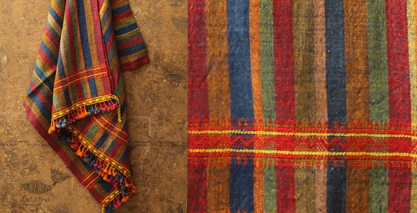 Buy Kutchi handwoven raw woole shawl in multi color